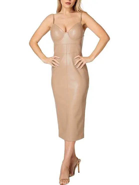 Bebe Faux Leather Bustier Midi Dress - Nude