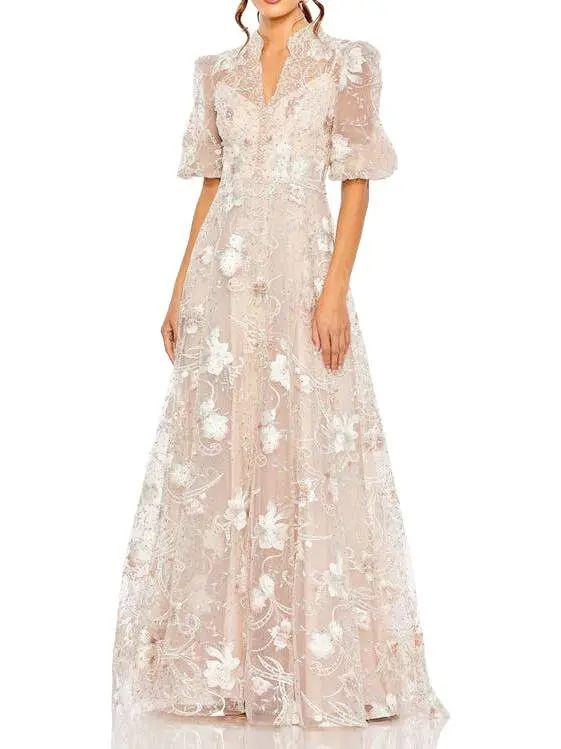 Mac Duggal Queen Anne Puff Sleeve Gown - Blush