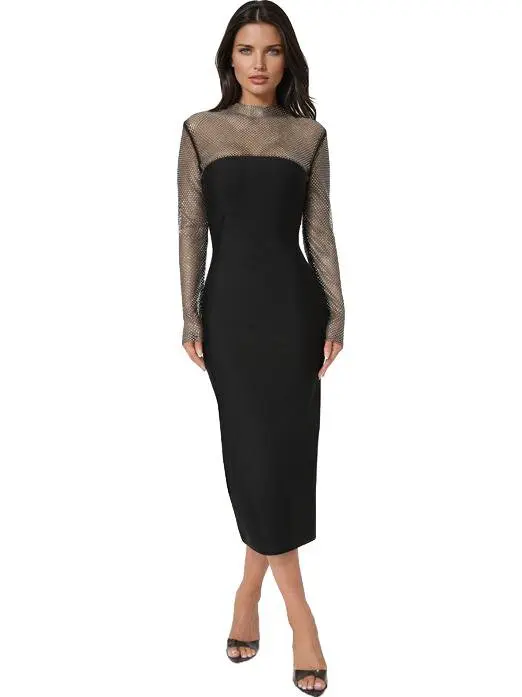 Bebe Long Sleeve Midi Dress With Crystal Mesh Combo - Black
