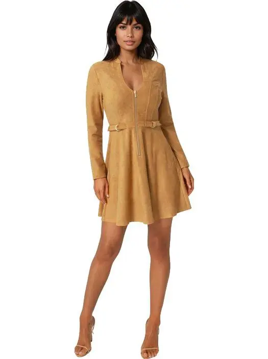 Bebe Fit And Flare Long Sleeve Suede Mini Dress - Camel