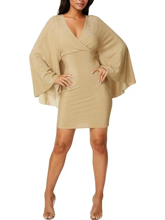 Bebe Plunge Neck Cape Dress - Gold
