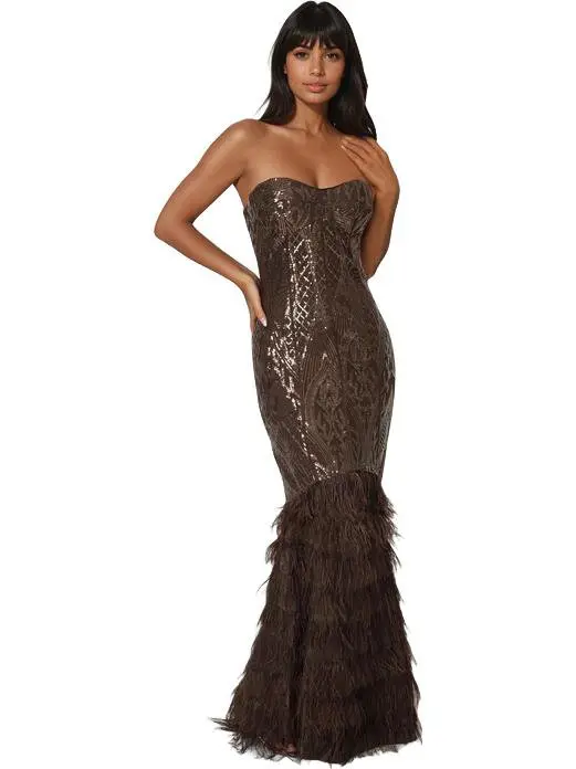 Bebe Sequin Feather Gown - Chocolate