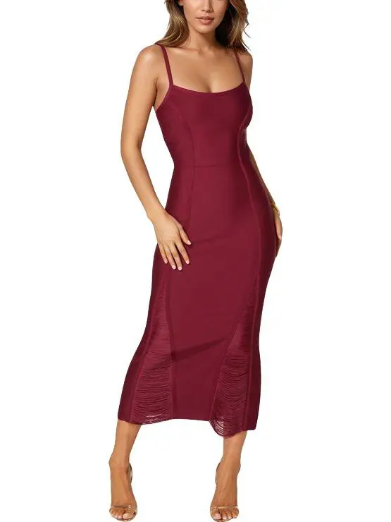 Bebe Fringe Inset Bandage Midi Dress - Burgundy
