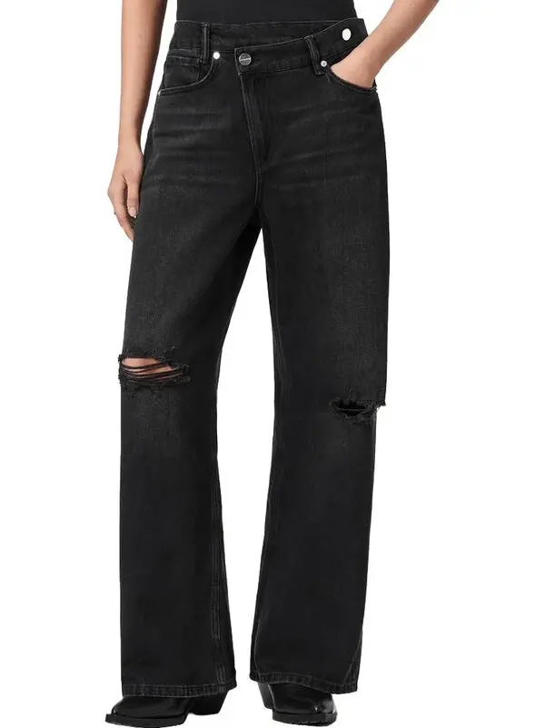 ALLSAINTS Aki Crossover Ripped Wide Leg Jeans - Destroy Black