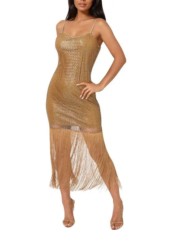 Bebe Sequin Fringe Hem Dress - Bronze