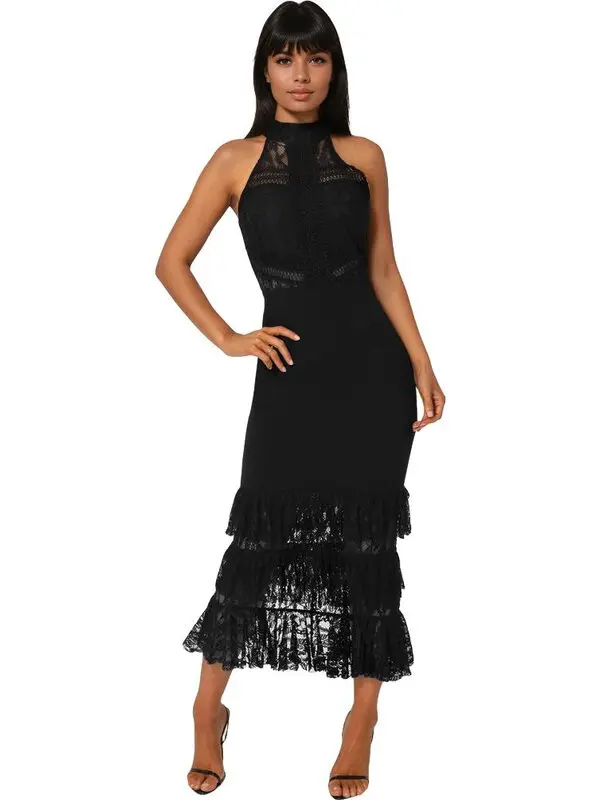 Bebe Halter Tiered Lace Midi Dress - Black