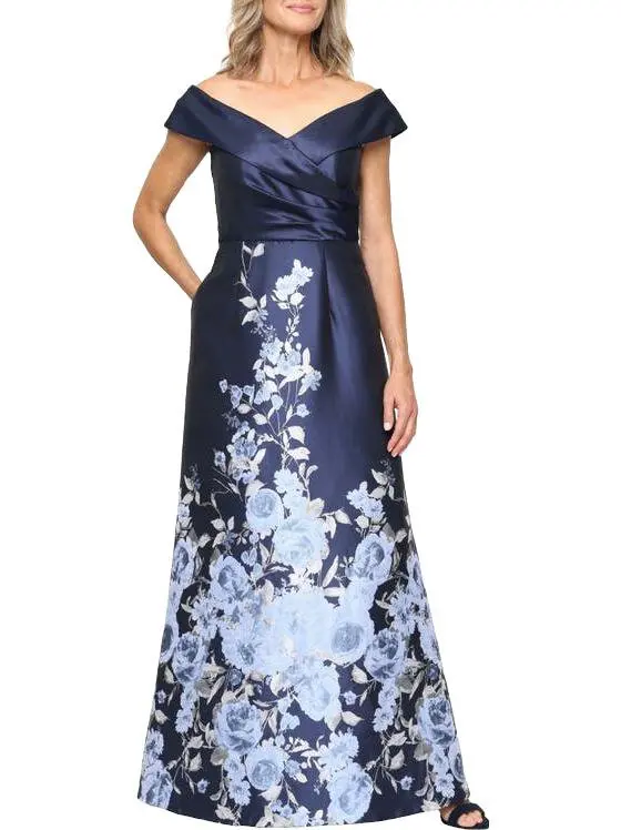 Alex Evenings Print Off The Shoulder Gown - Navy Multi