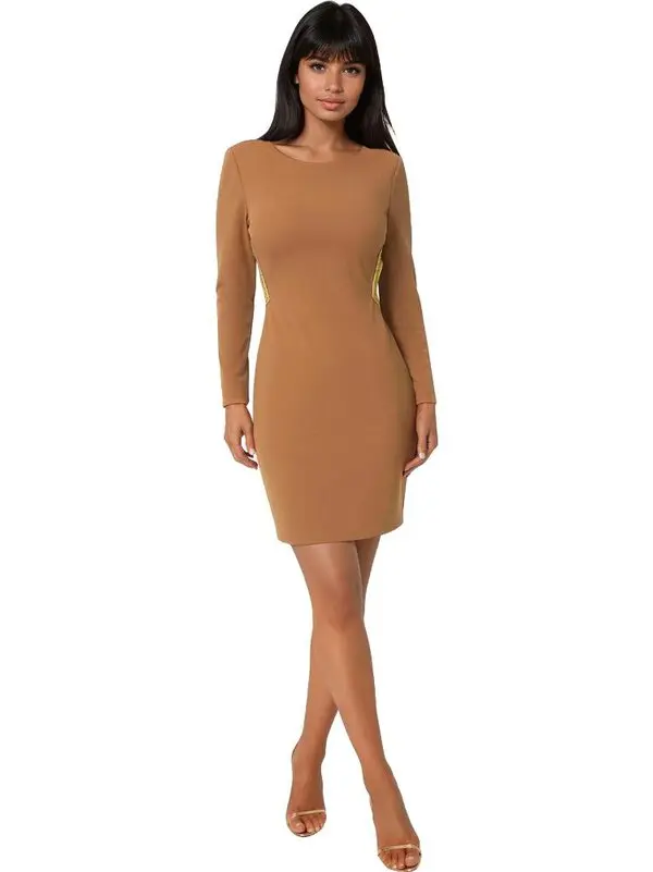 Bebe Long Sleeve Open Back Midi With Rhinestone Trim - Mocha Gold