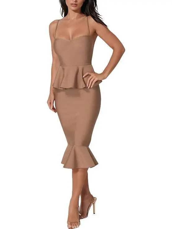 Bebe Peplum Bandage Midi Cocktail Dress - Mocha