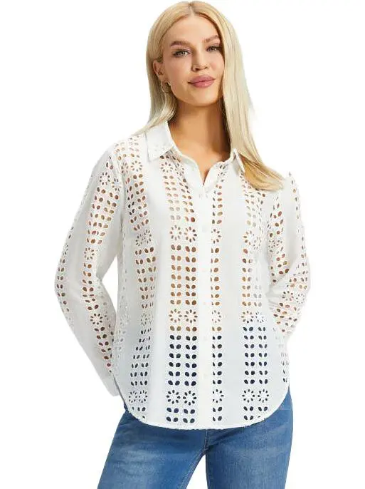 Betabrand Eyelet Long Sleeve Shirt - Star White