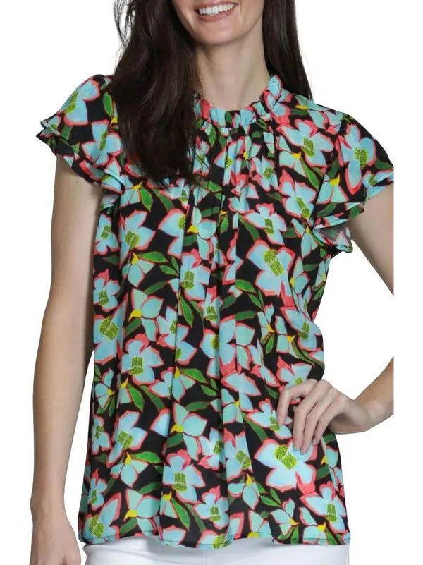 APNY Allover Print Flutter Sleeve Shirt - Turquoise Multi