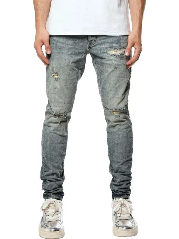 PURPLE BRAND Paint Splashed Ripped Knee Skinny Jeans - Light Indigo