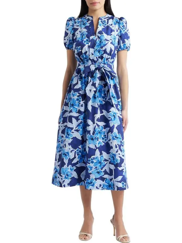 Anne Klein Floral Belted Puff Sleeve Midi Dress - Santorini Blue