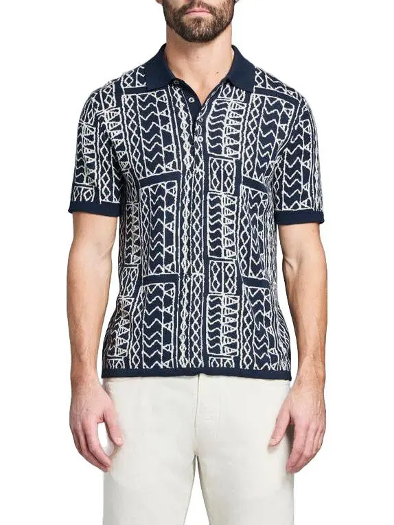 Billy Reid Geo Stitch Cotton Sweater Polo - Carbon Blue/tinted White