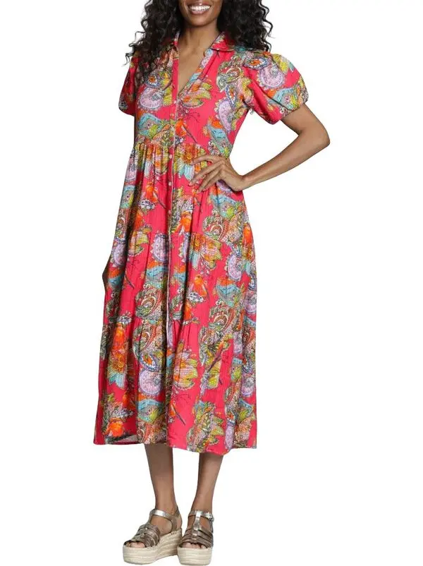 APNY Floral Print Puff Sleeve Shirtdress - Pink Multi