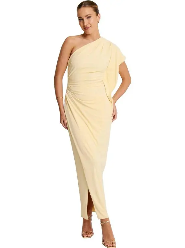 SIX STORIES Asymmetric Gathered Maxi Dress - Pale Lemon