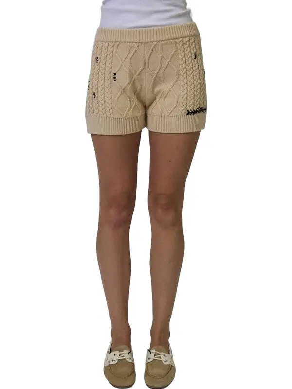 Central Park West Jaden Embroidered Cable-knit Shorts - Tan