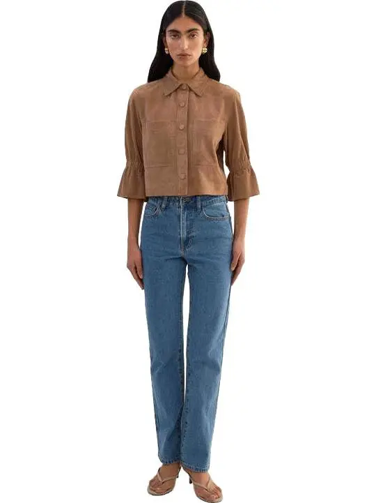 LAMARQUE Suede Ruffle Sleeve Shirt Jacket - Latte