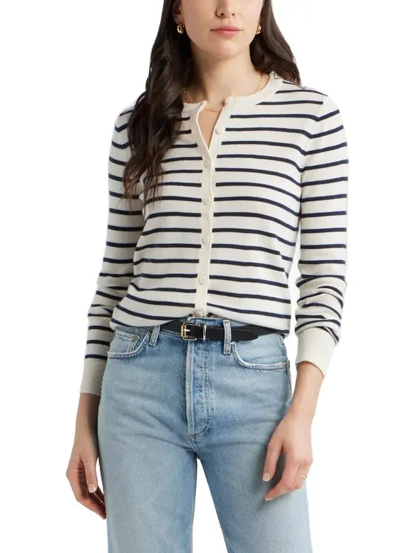 Caslon Merino Wool Blend Cardigan - Ivory- Navy Josephine Stripe