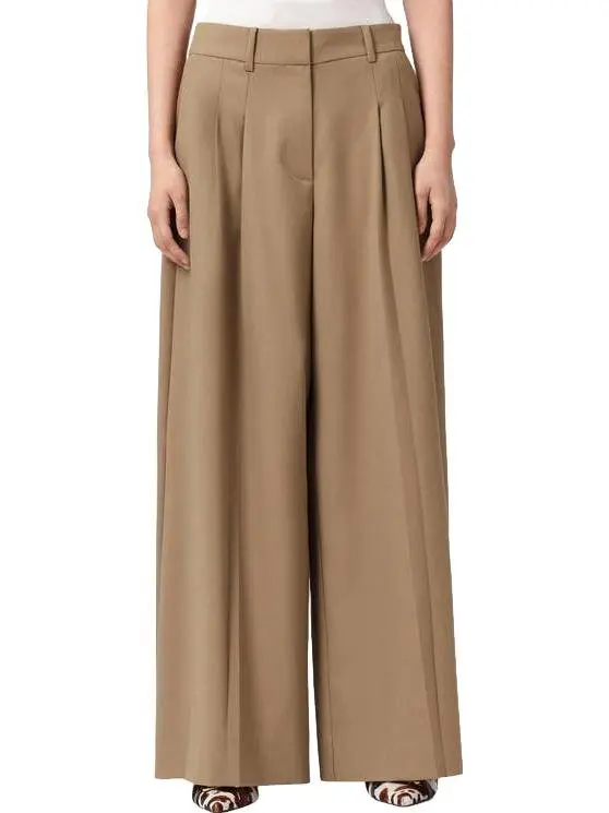 ALLSAINTS Poppy Stretch Wool Blend Wide Leg Trousers - Sand Brown