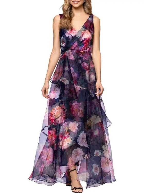Betsy & Adam Floral Organza Gown - Navy/multi
