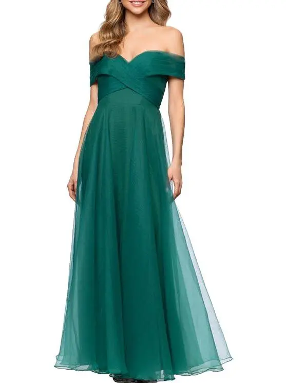 Betsy & Adam Off-the-shoulder Tulle Gown - Green