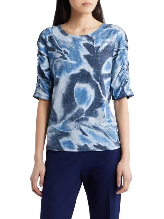Anne Klein Printed Ruched Elbow Sleeve Top - Distant Mountain Multi
