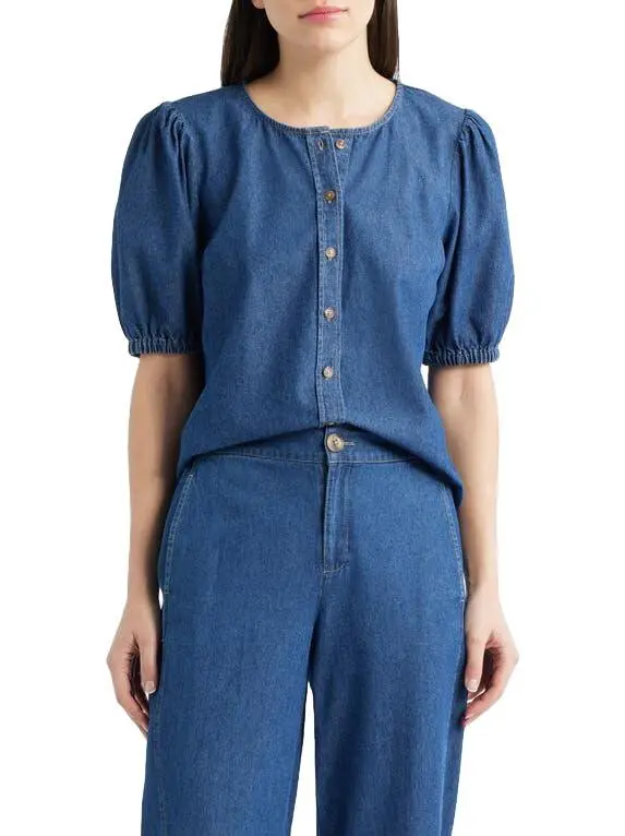 Anne Klein Denim Puff Sleeve Button-up Shirt - Aries Wash