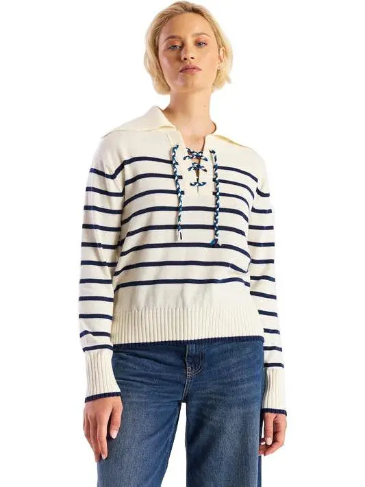 WISPR Striped Lace-up Collared Knit Sweater - Cream/navy/ Tangerine