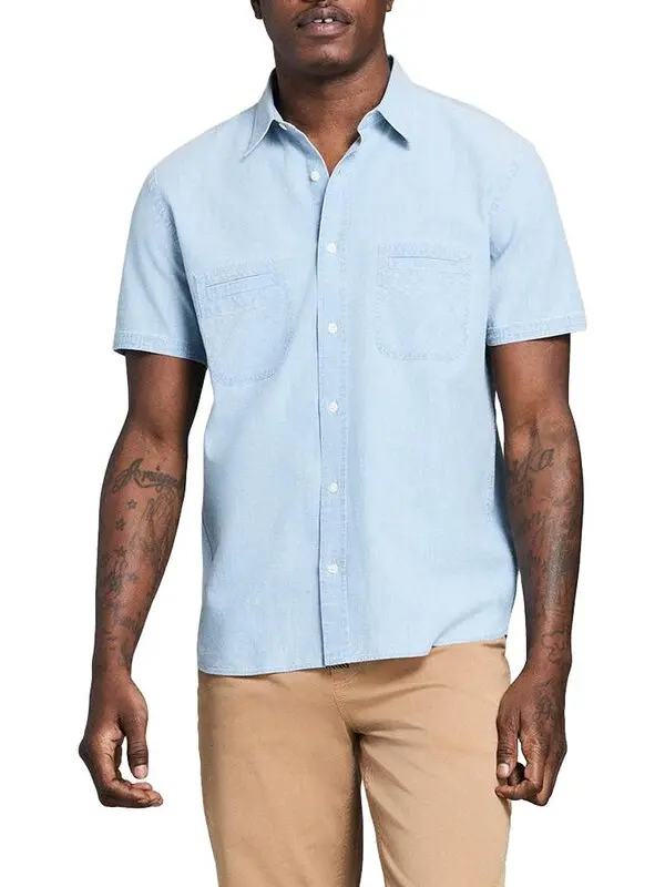Billy Reid Donelson Short Sleeve Organic Cotton Chambray Sport Shirt - Blue
