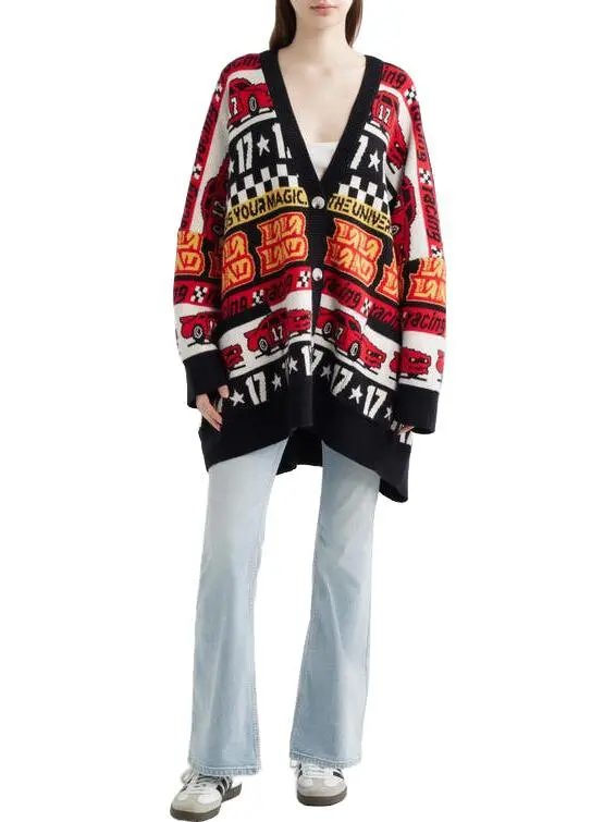 DRESSED IN LALA Oversized Jacquard Knit Cardigan - Red/black
