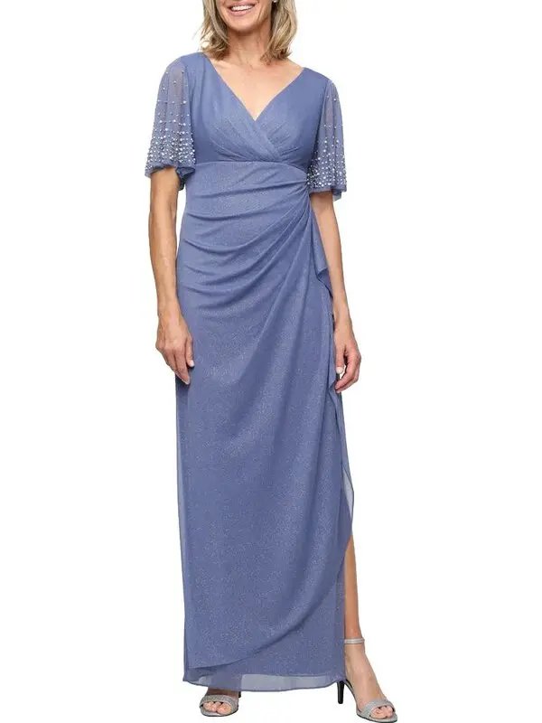 Alex Evenings Imitation Pearl Detail Metallic Gown - Dusty Blue