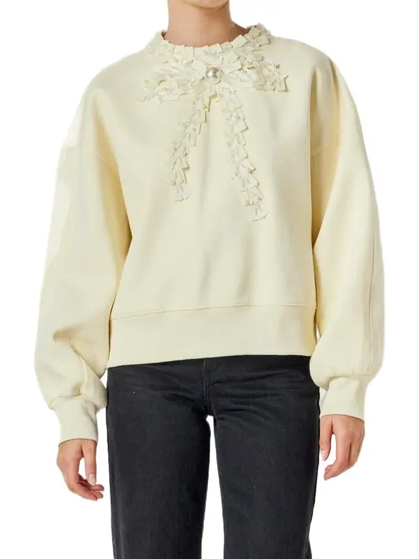 English Factory Beaded Ribbon Neck Sweatshirt - Cream