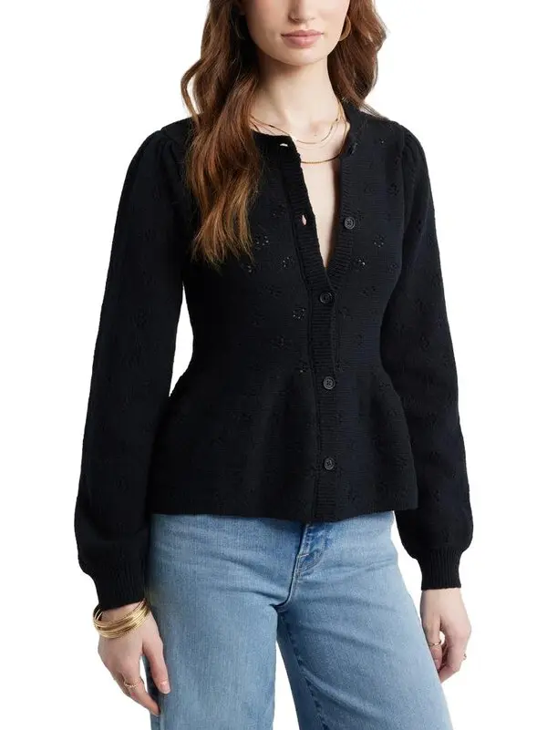 Treasure & Bond Pointelle Peplum Cardigan - Black