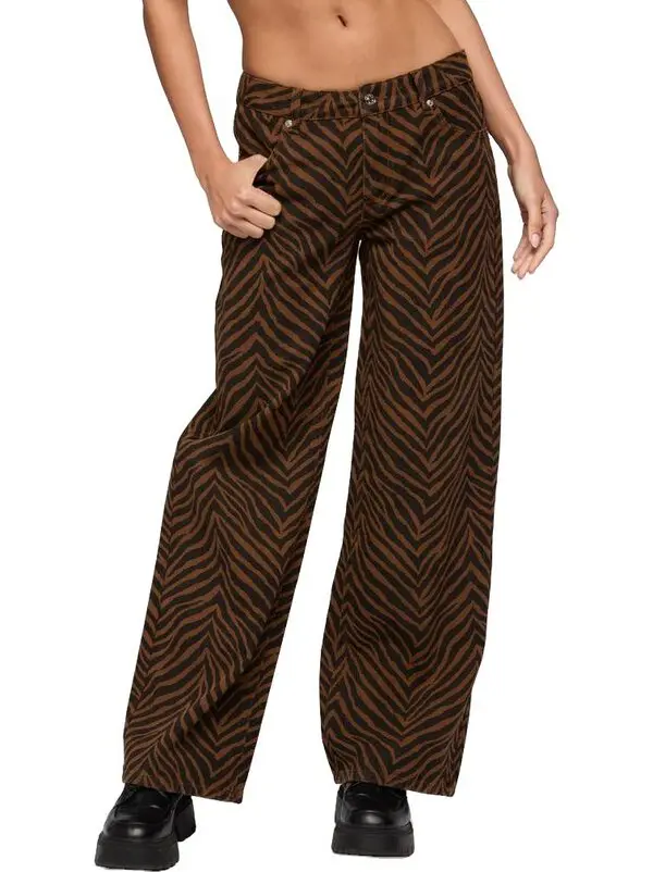 EDIKTED Zebra Print Baggy Straight Leg Jeans - Brown