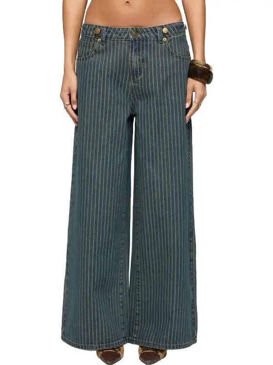 EDIKTED Pinstripe Wide Leg Low Rise Jeans - Blue-vintage-washed