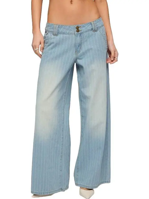 EDIKTED Cory Stripe Low Rise Baggy Jeans - Light-blue