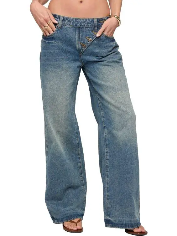 EDIKTED Moxlan Slant Button Wide Leg Jeans - Blue-washed