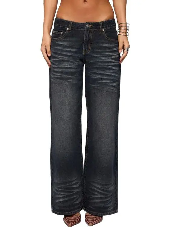 EDIKTED Magda Low Rise Baggy Wide Leg Jeans - Dark-blue-washed
