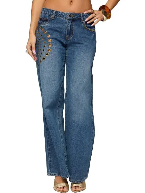 EDIKTED Monika Grommet Low Rise Wide Leg Jeans - Blue-washed