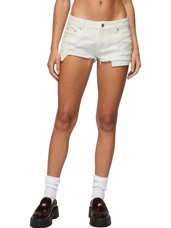 EDIKTED Low Rise Distressed Denim Cutoff Shorts - White