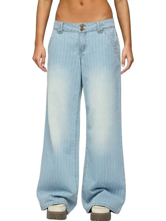 EDIKTED Cory Stripe Low Rise Wide Leg Jeans - Light-blue
