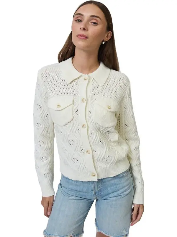 Central Park West Mixed Stitch Button Down Sweater - Bone
