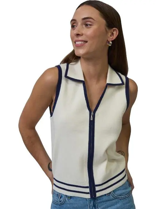 Central Park West Sleeveless Knit Vest With Striped Hem - Ivory