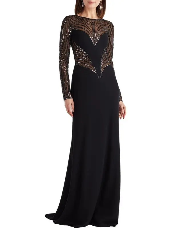Tadashi Shoji Sequin Mesh Long Sleeve Gown - Black/silver