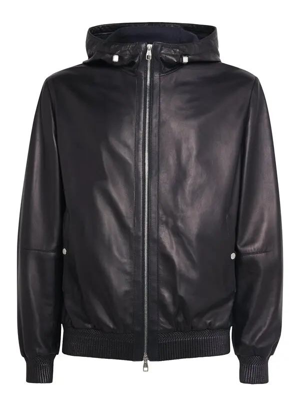 BRETT JOHNSON Hooded Leather Jacket - Navy