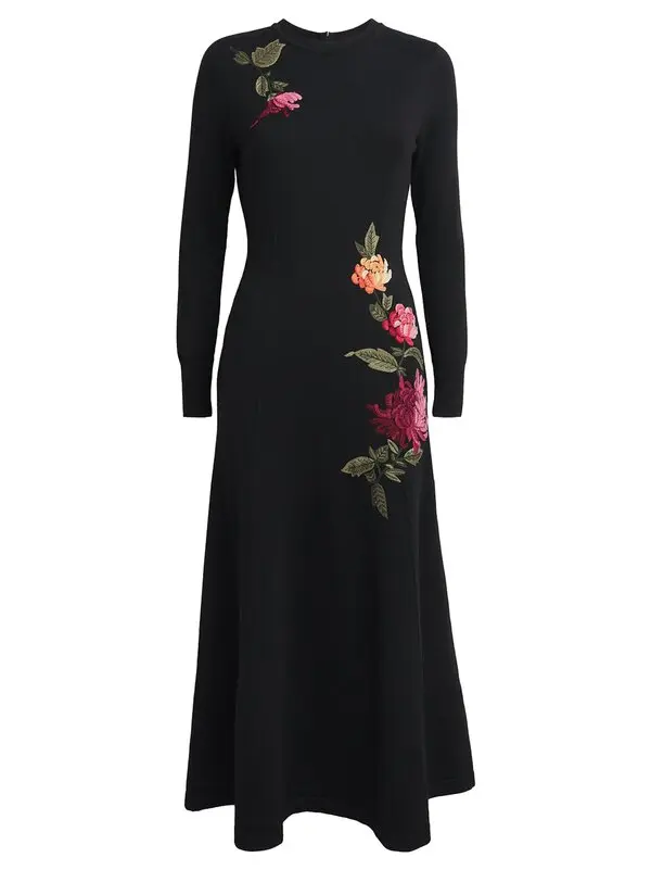 Carolina Herrera Virgin Wool-silk Floral Embroidered Midi Dress - Black