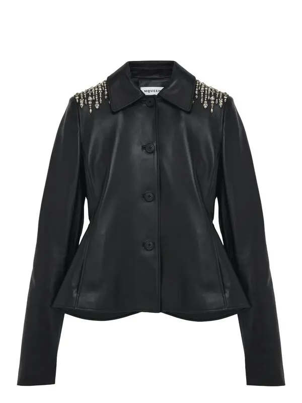 Alexander McQueen Embellished Peplum Leather Jacket - Black