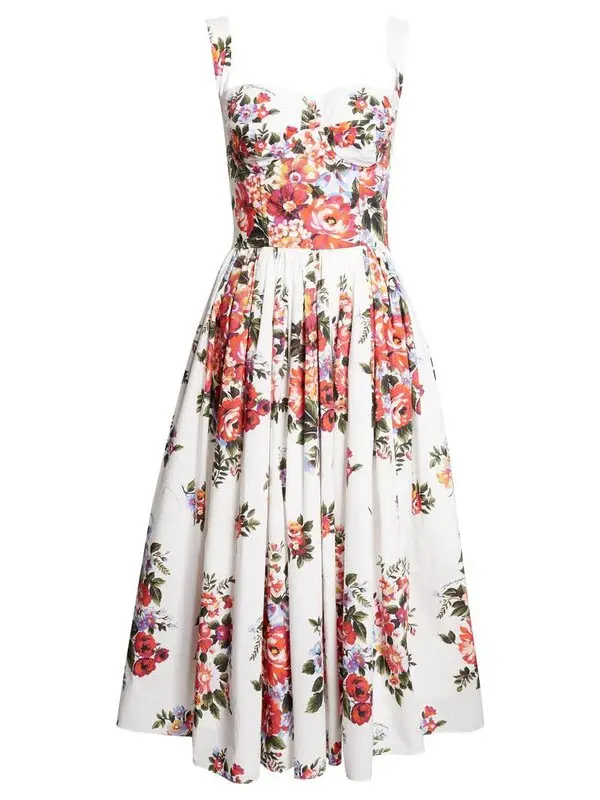 Dolce & Gabbana Floral Bouquet Print Pleated Fit & Flare Dress - Mazz.fiori F.bianco