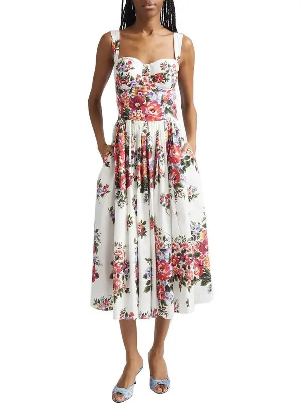 Dolce & Gabbana Floral Bouquet Print Pleated Fit & Flare Dress - Mazz.fiori F.bianco